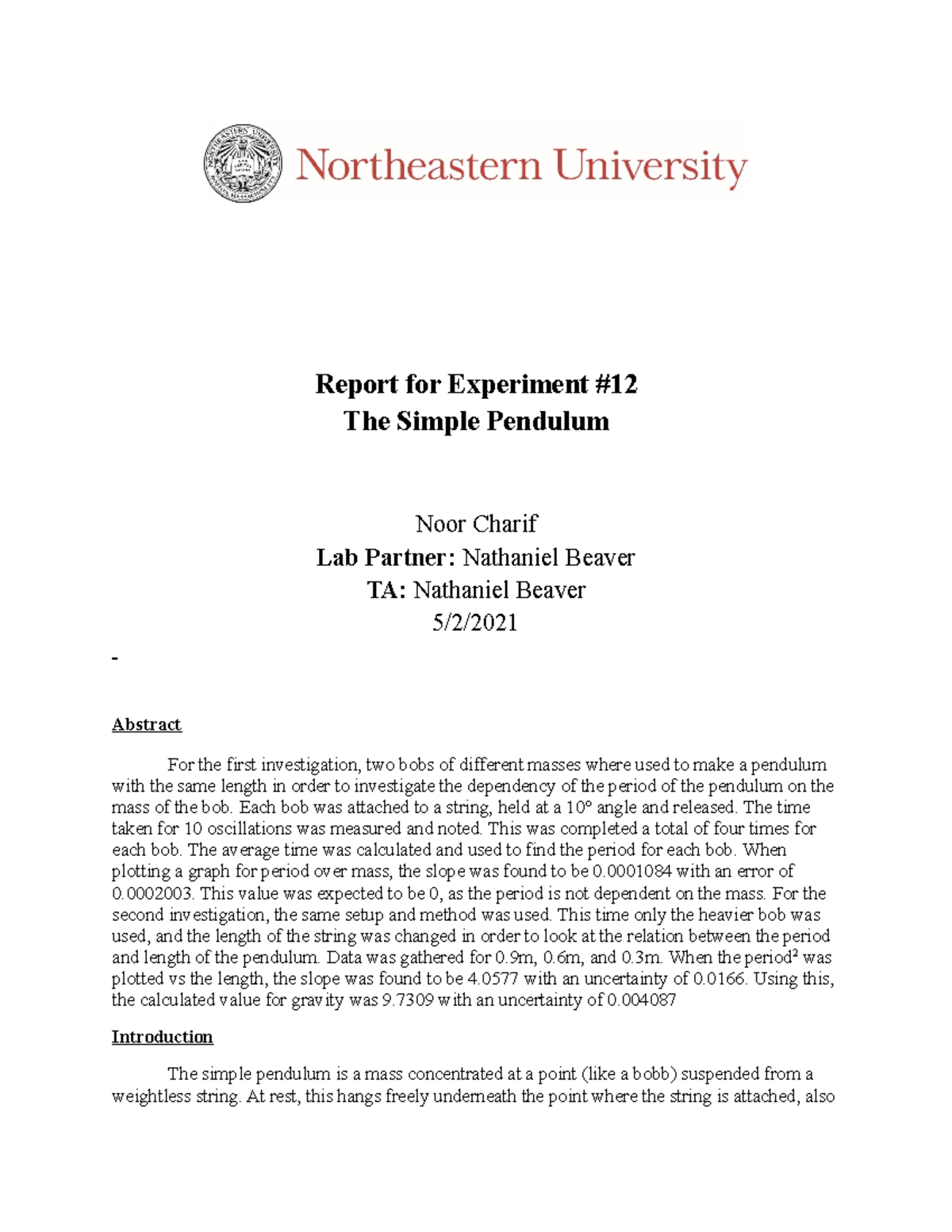 Report for Experiment #12 - Report for Experiment The Simple Pendulum ...
