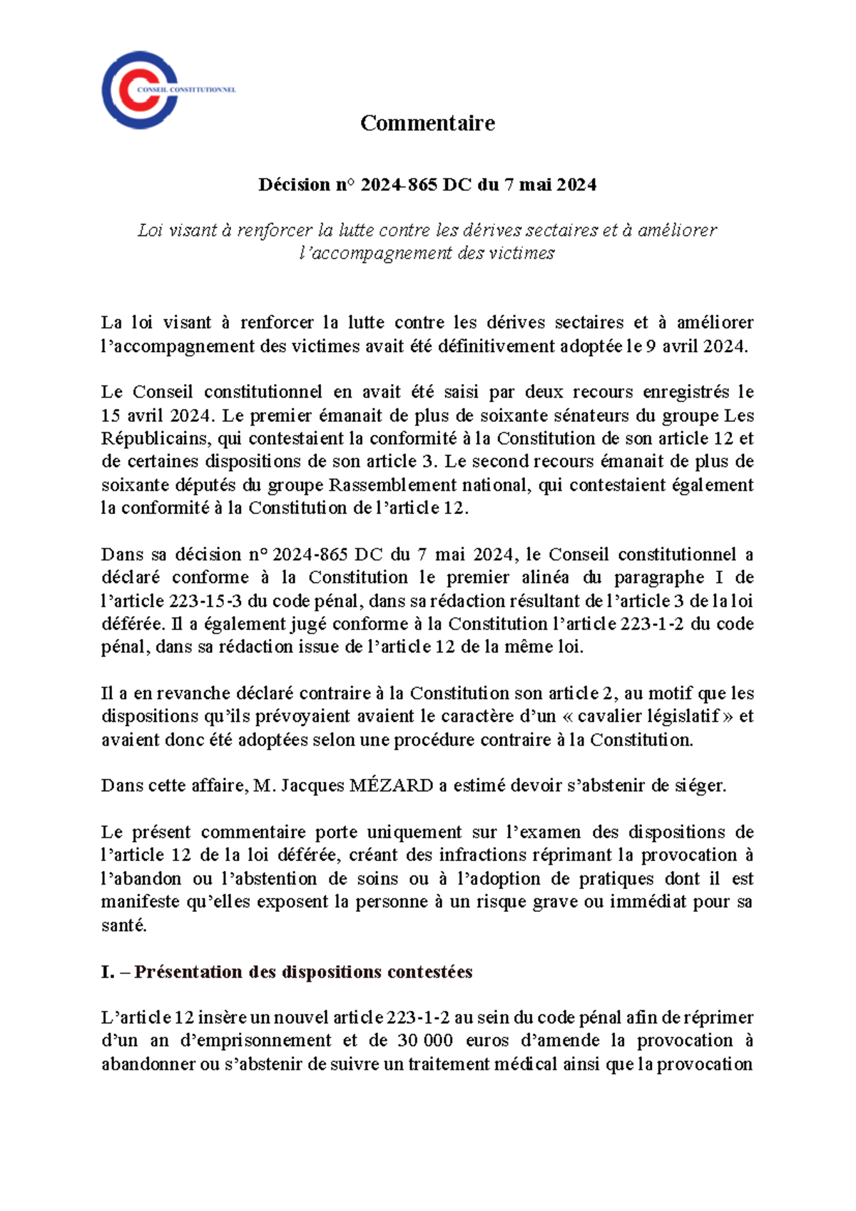 2024865 dc ccc - description - Commentaire Décision n° 2024-865 DC du 7 ...