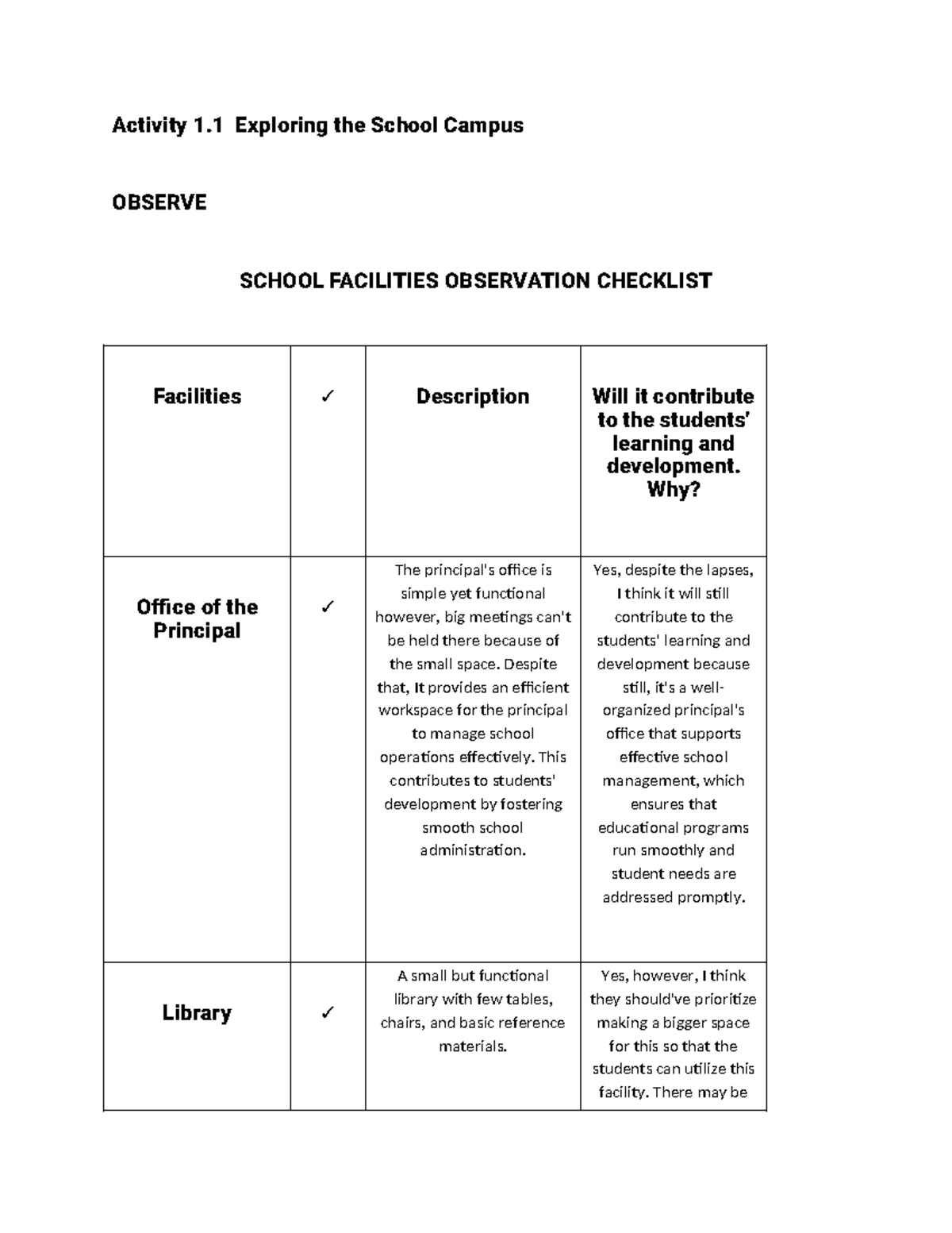 One to pass for - Activity 1 Exploring the School Campus OBSERVE SCHOOL ...