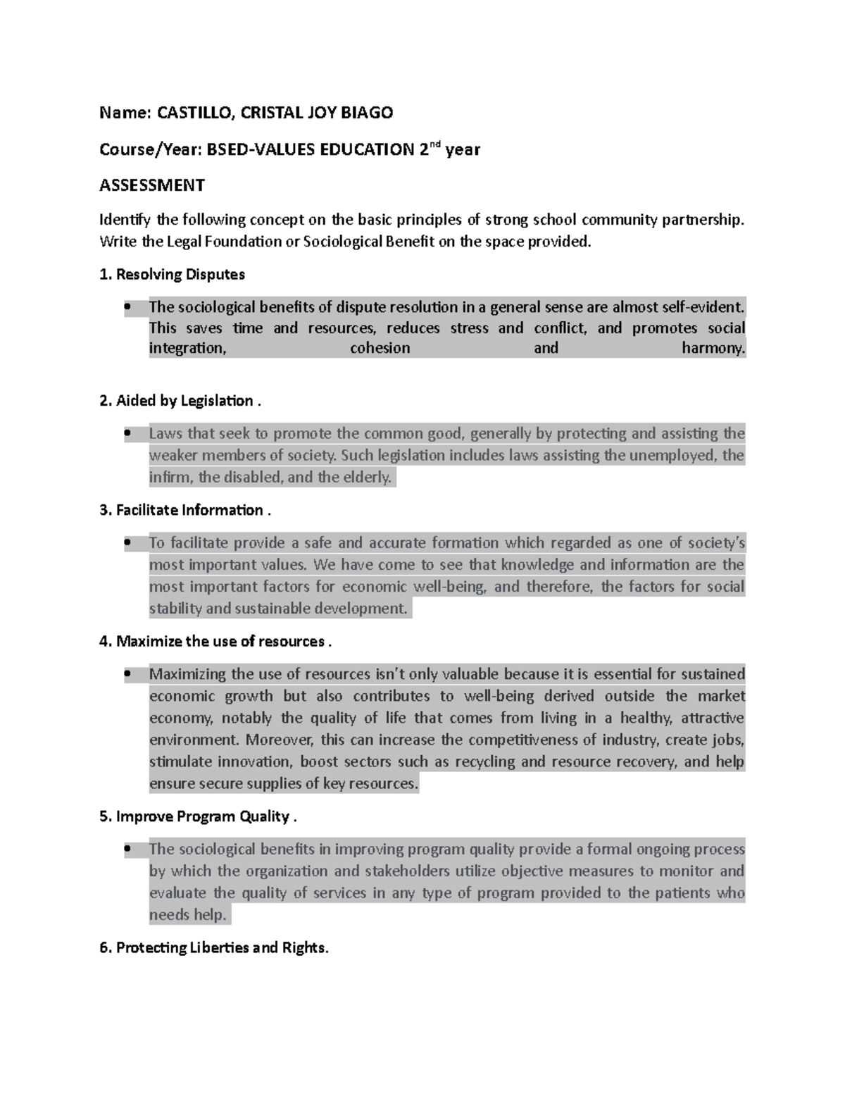 Educ 3a M7 Assessment - Name: CASTILLO, CRISTAL JOY BIAGO Course/Year: BSED-VALUES EDUCATION 2nd ...