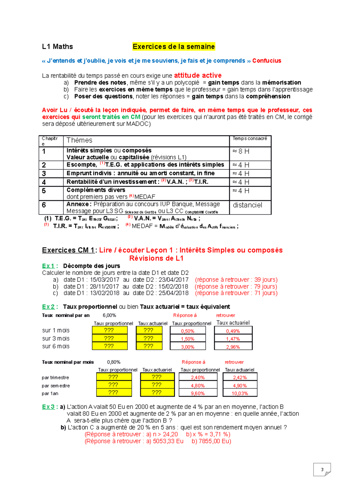 L2 maths financières exrtcices de la semains ( 36 à 40 ) - 3 L1 Maths Exercices de la semaine ...