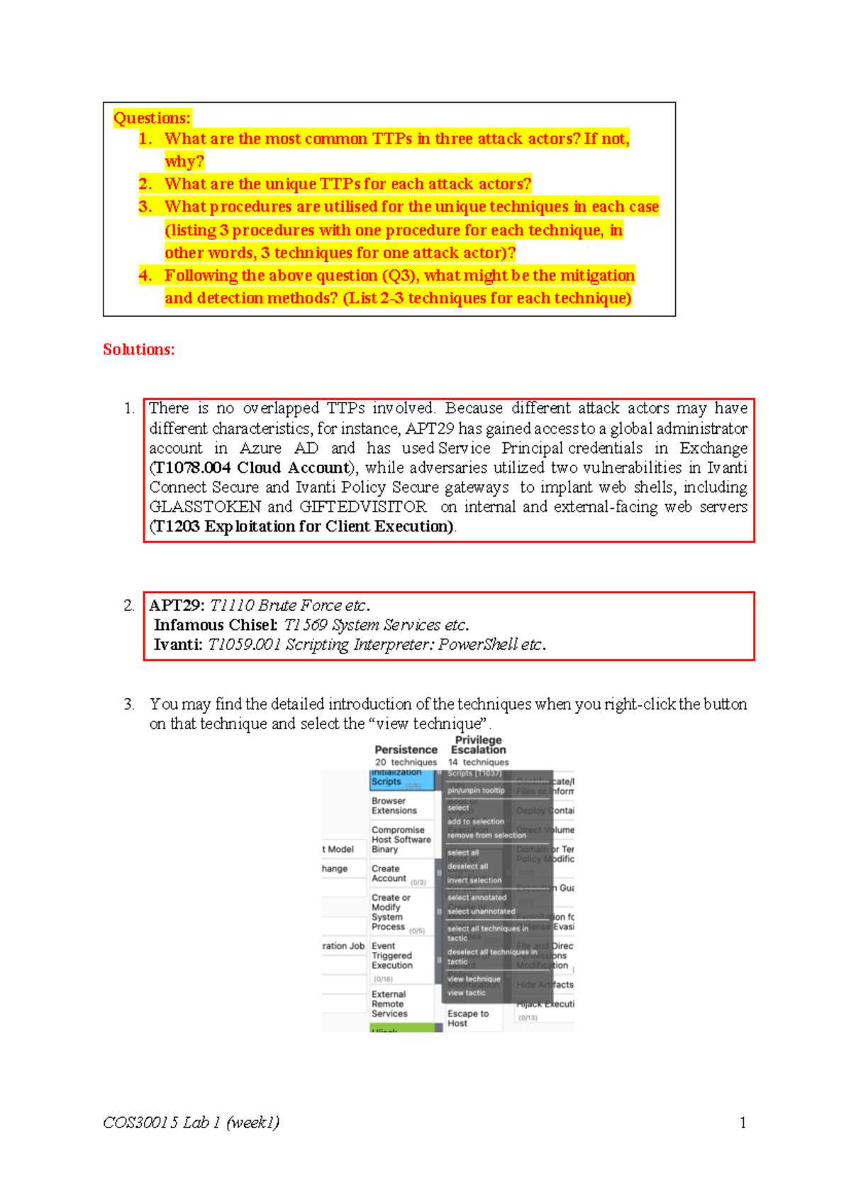 COS30015 Lab1 solution - Solutions: 1. There is no overlapped TTPs involved. Because different ...