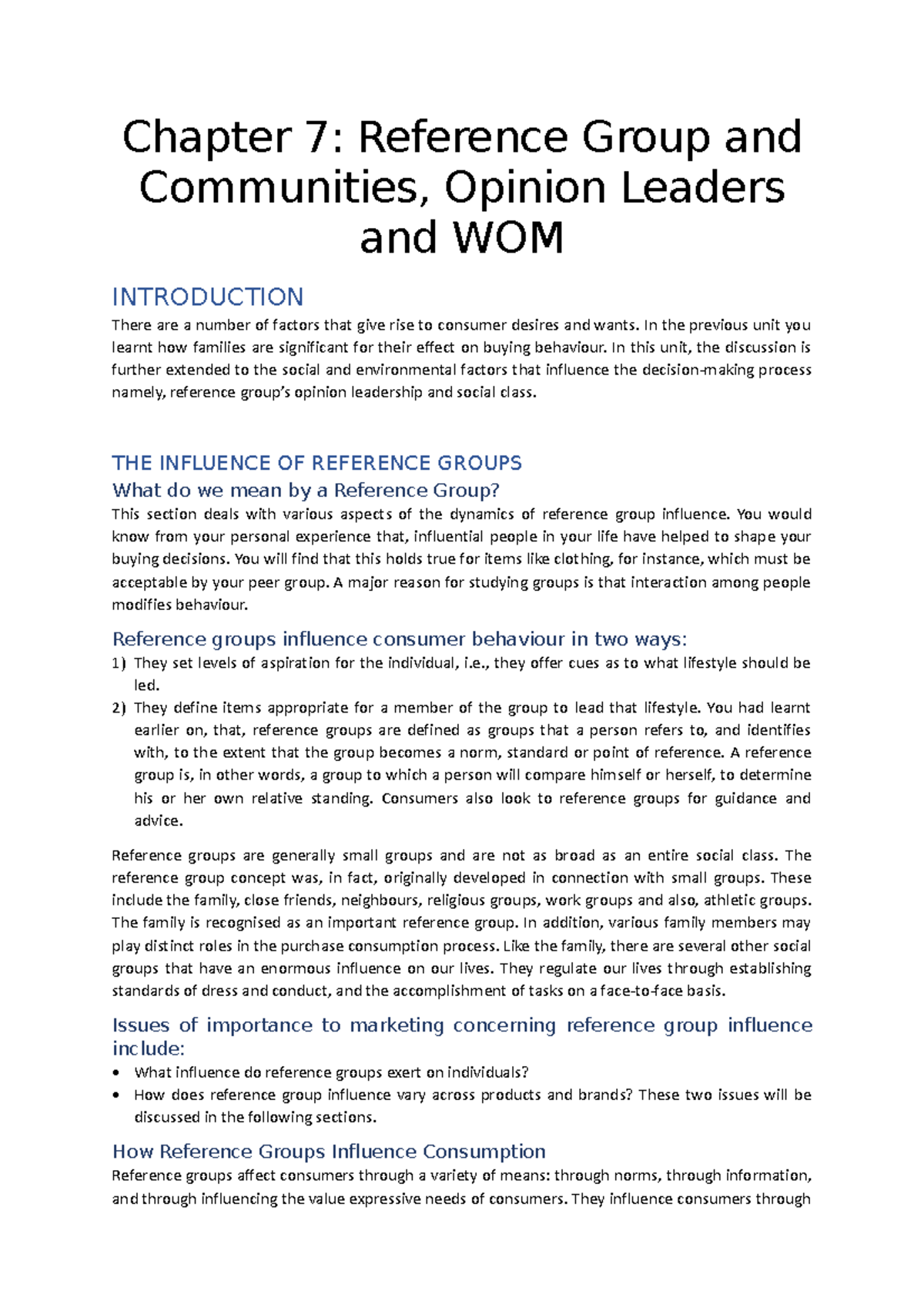 Chap 7 - Reference Groups Extra Notes - Chapter 7: Reference Group and ...