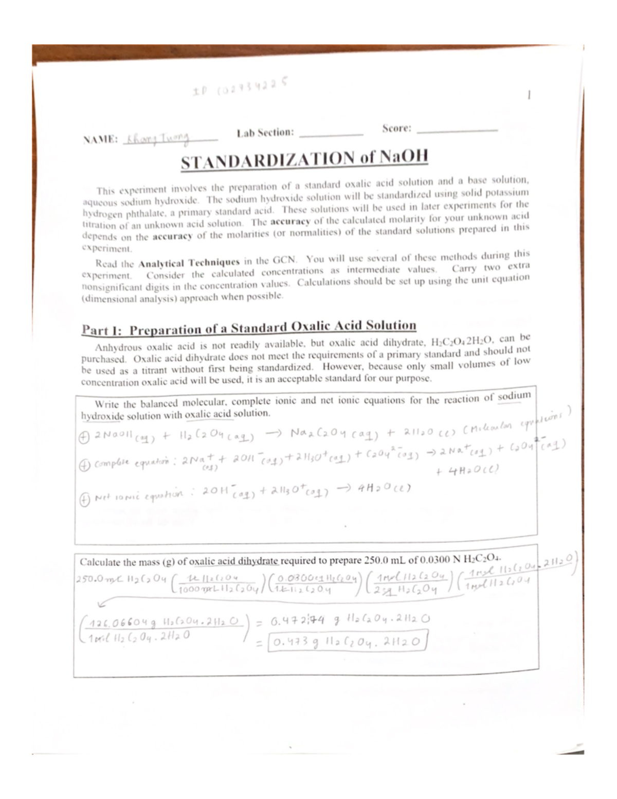 Standardlization of Naoh - CHEM 120A - Studocu