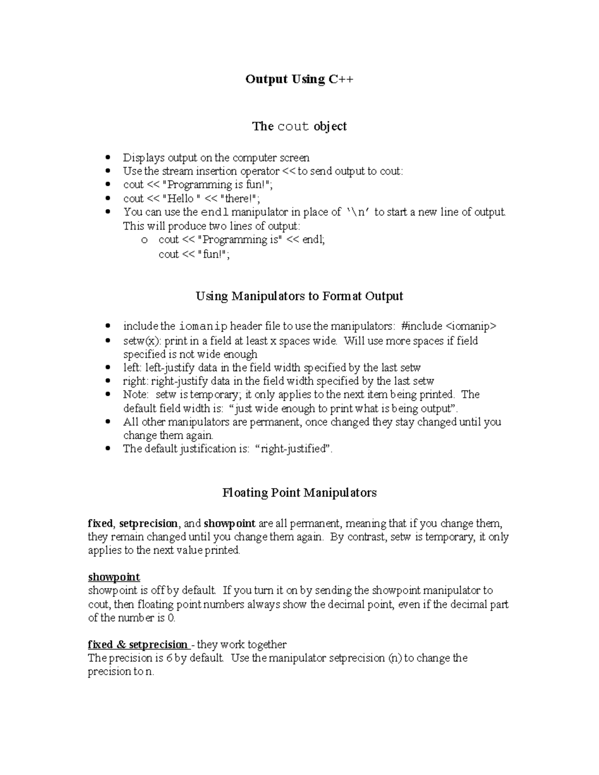 Cmanipulators Professor Ms Krutenbach Output Using C The Cout