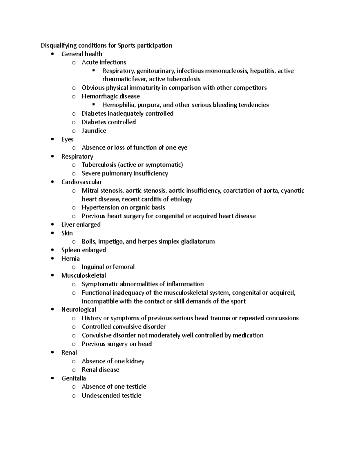 Disqualifying conditions for Sports participation - Include but are not ...