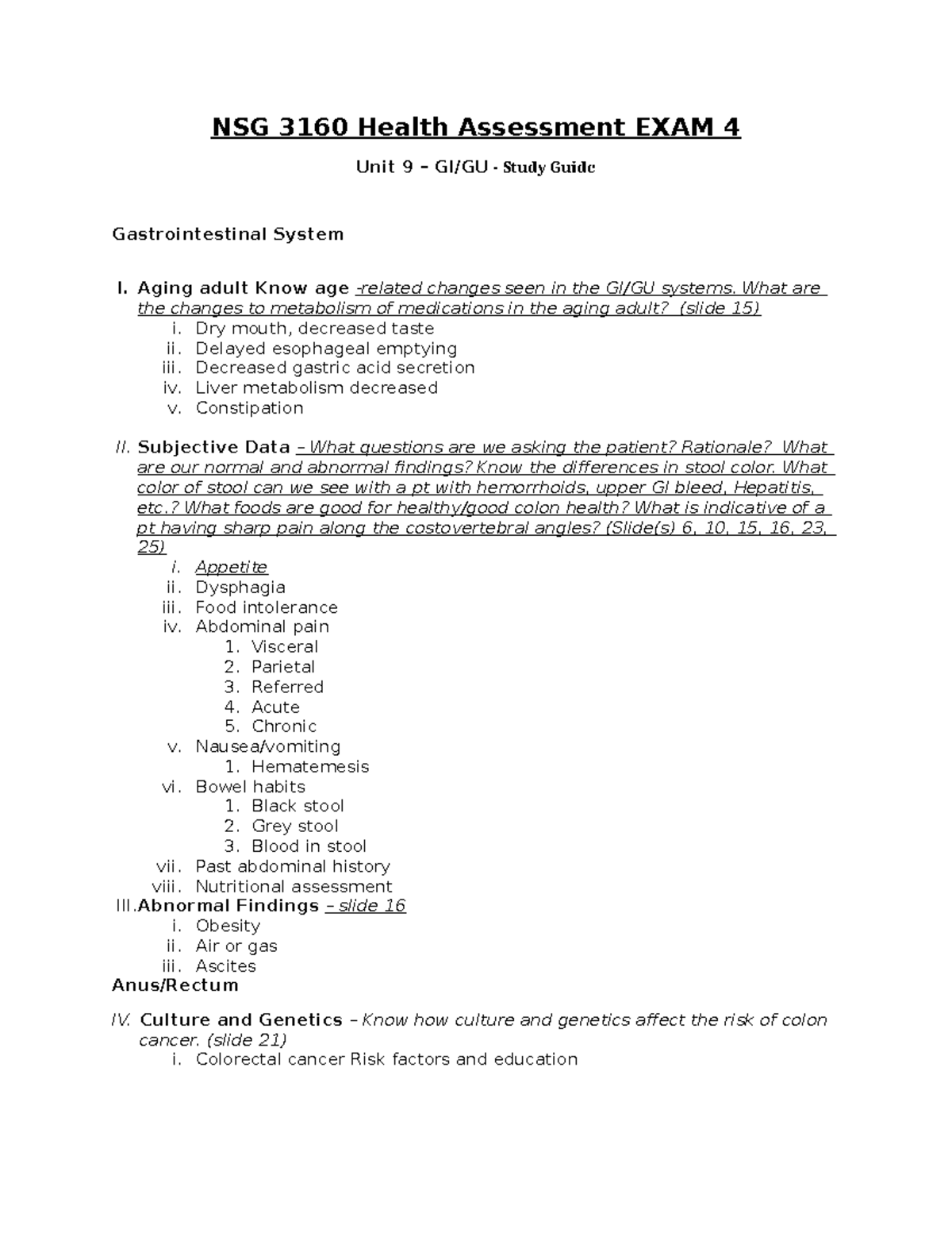 Health Ass Exam 4-Unit-9studyguide - NSG 3160 Health Assessment EXAM 4 Unit 9 – GI/GU - Study ...