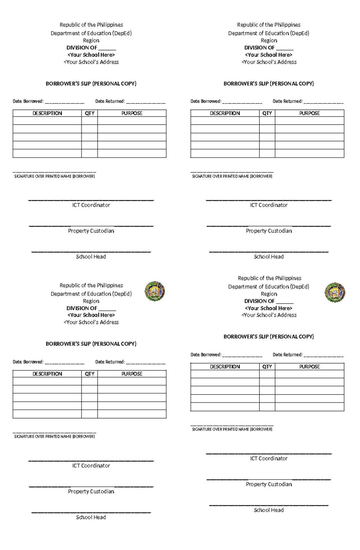 Borrowers SLIP - Republic of the Philippines Department of Education ...