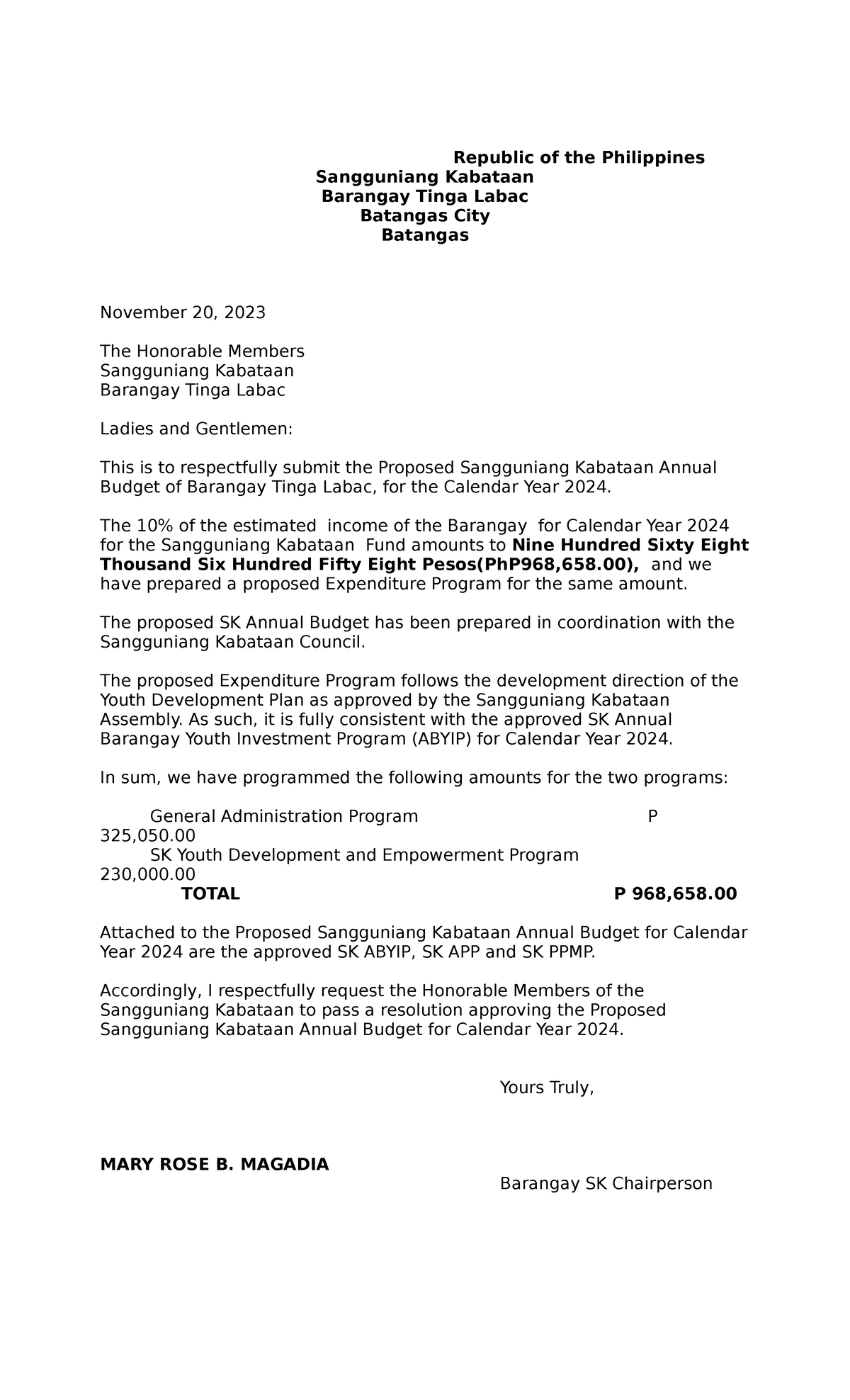 SK2-Budget-Message - ssdwd - Republic of the Philippines Sangguniang Kabataan Barangay Tinga ...