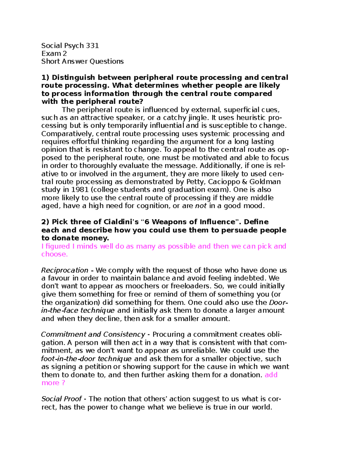 Exam 2014, questions and answers - Social Psych 331 Exam 2 Short Answer Questions Distinguish ...