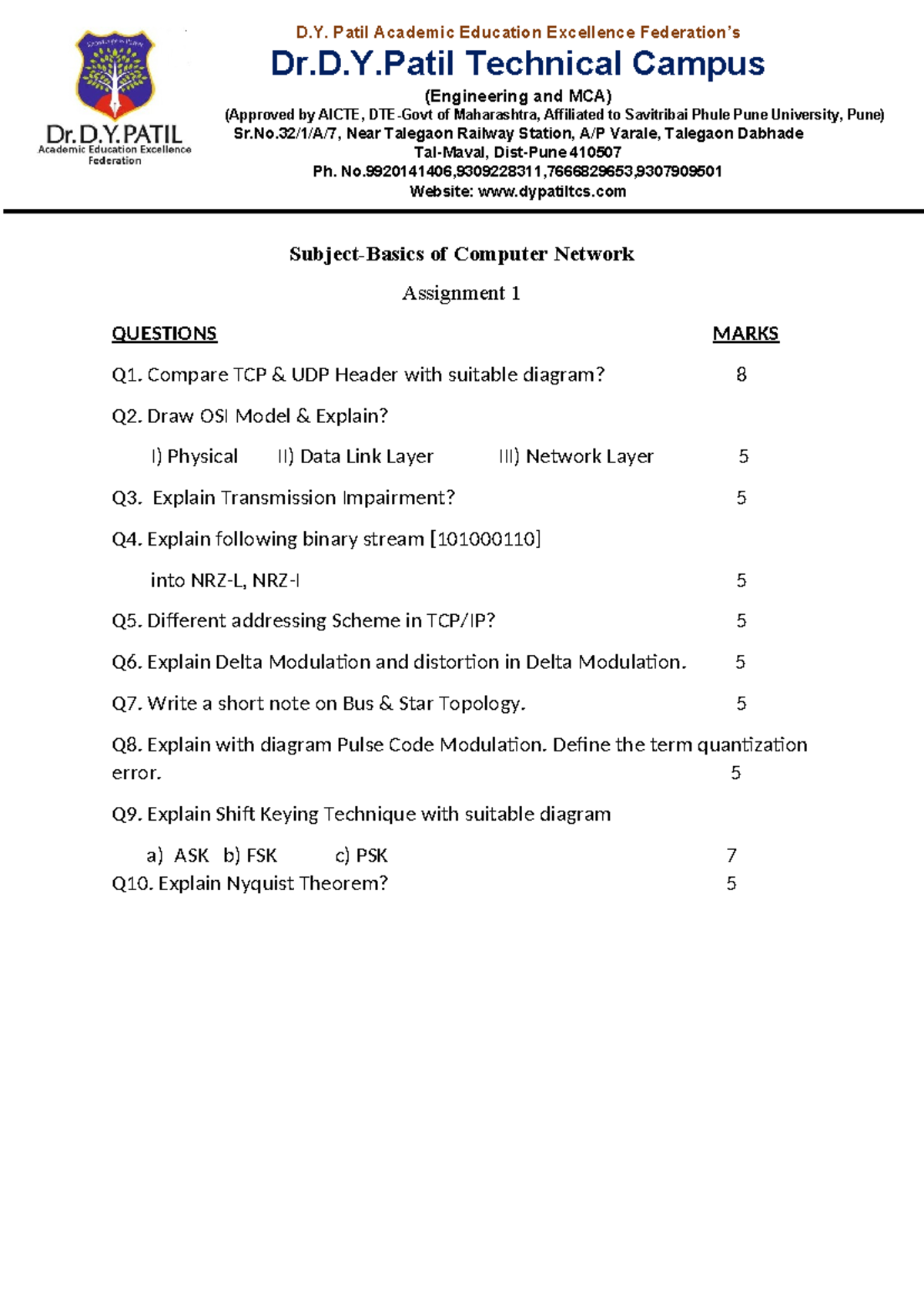 Assignment 1 (BCN) - D. Patil Academic Education Excellence Federation’s Dr.D.Y Technical Campus ...