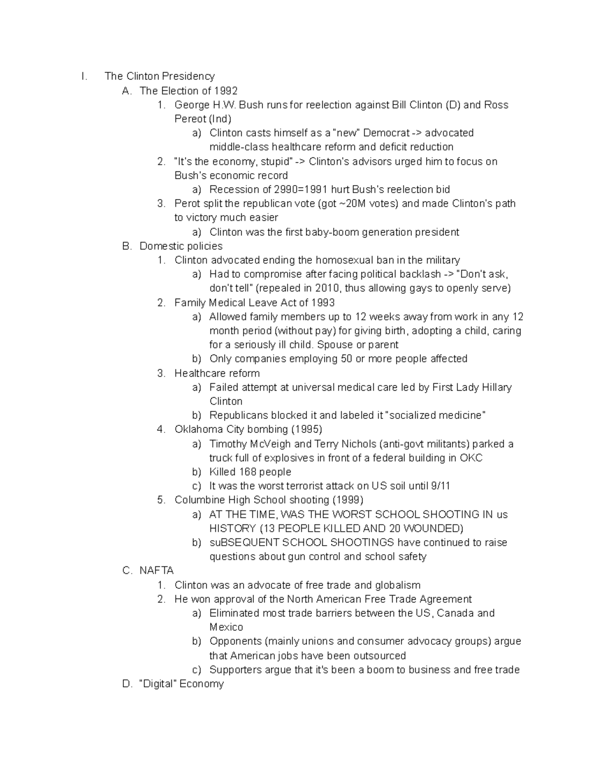 The age of globalization - I. The Clinton Presidency A. The Election of ...