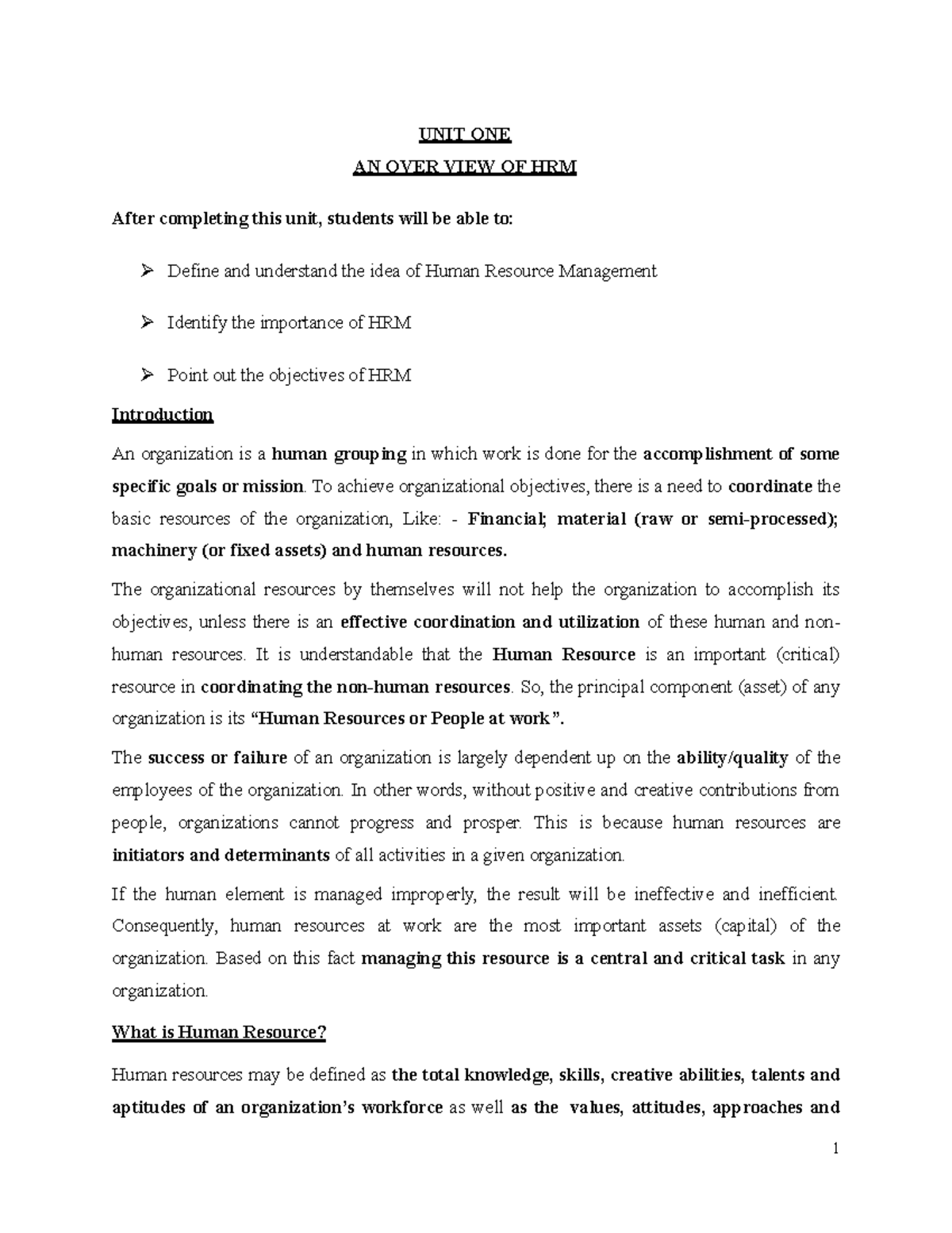 Chapter one for HRM - UNIT ONE AN OVER VIEW OF HRM After completing ...