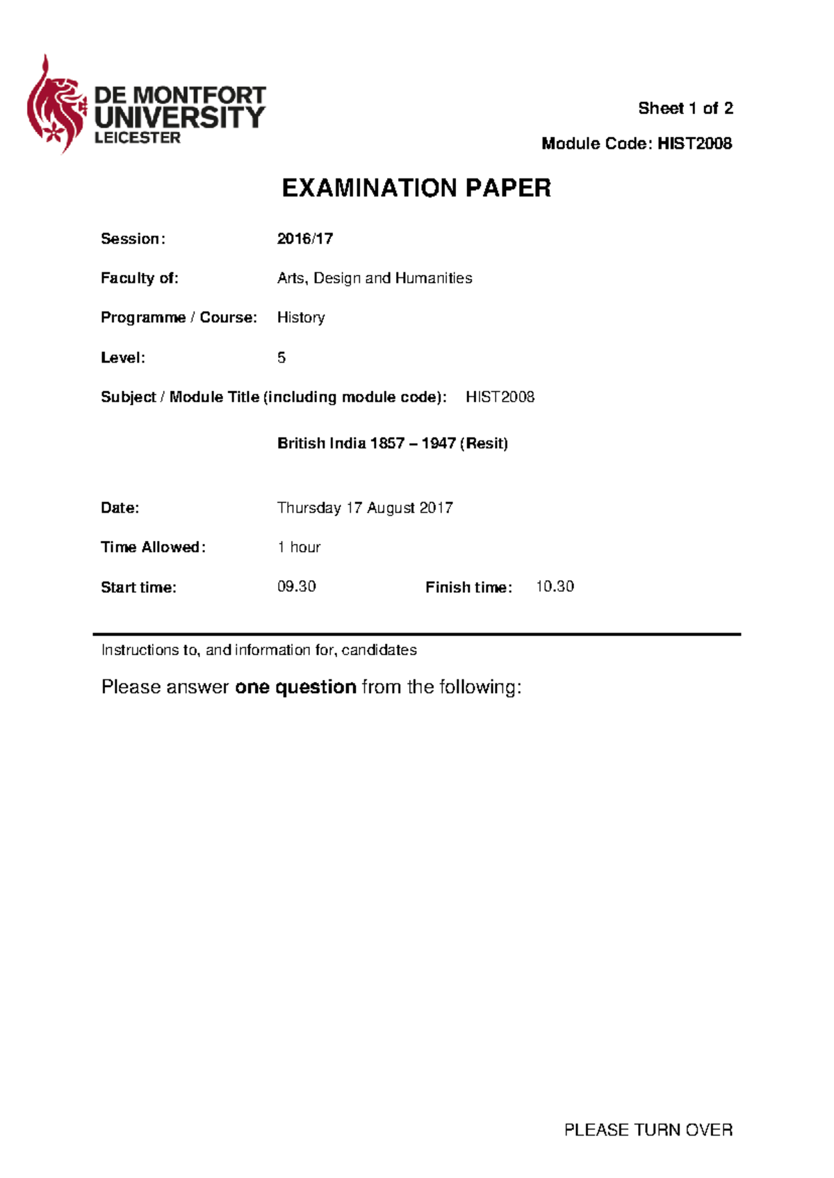 HIST2008 2017 Resit Exam - Sheet 1 of 2 Module Code: HIST PLEASE TURN ...
