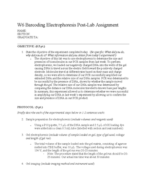W5 Post-Lab - Post-Lab - W5 Barcoding PCR Post-Lab Assignment NAME: SECTION: GRADUATE TA ...