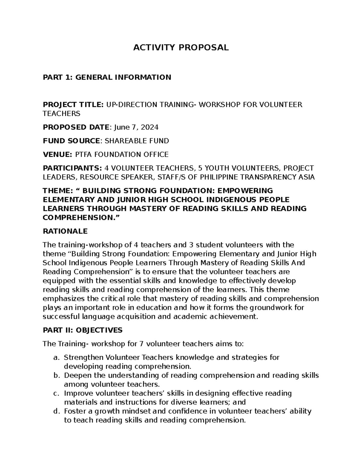 Training- Wworkshop- Proposal - ACTIVITY PROPOSAL PART 1: GENERAL ...