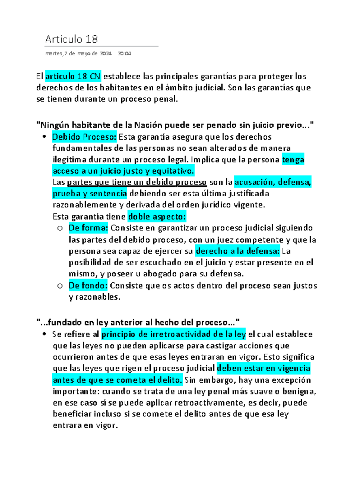 Derecho 1 - Articulo 18 martes, 7 de mayo de 2024 20: El articulo 18 CN ...