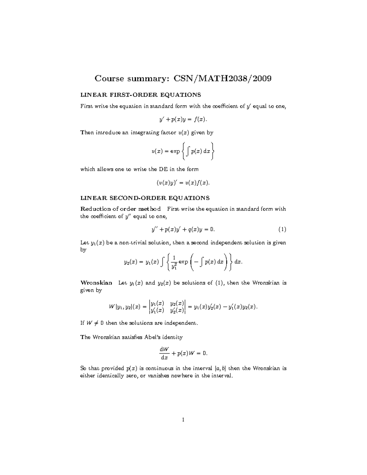 Partial Differential Course Summary - Course summary: CSN/MATH2038 ...