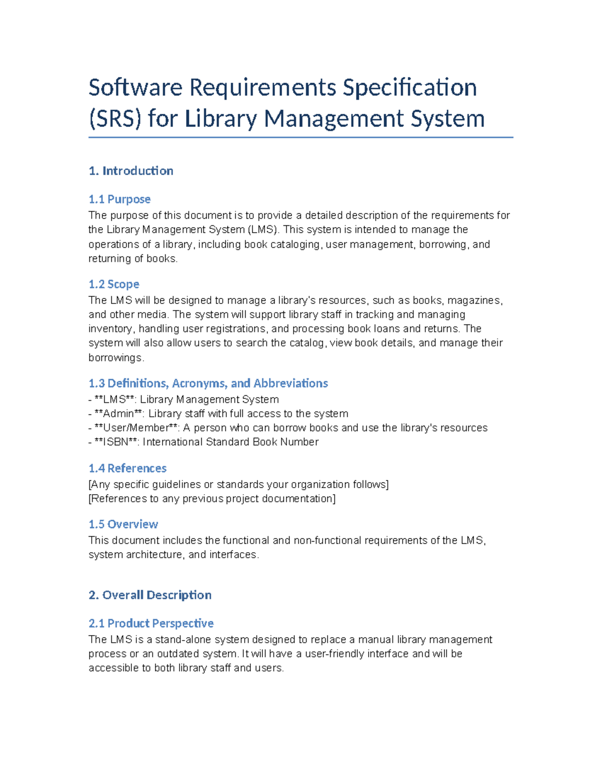 SRS Library Management System Arial - Software Requirements Specification (SRS) for Library ...