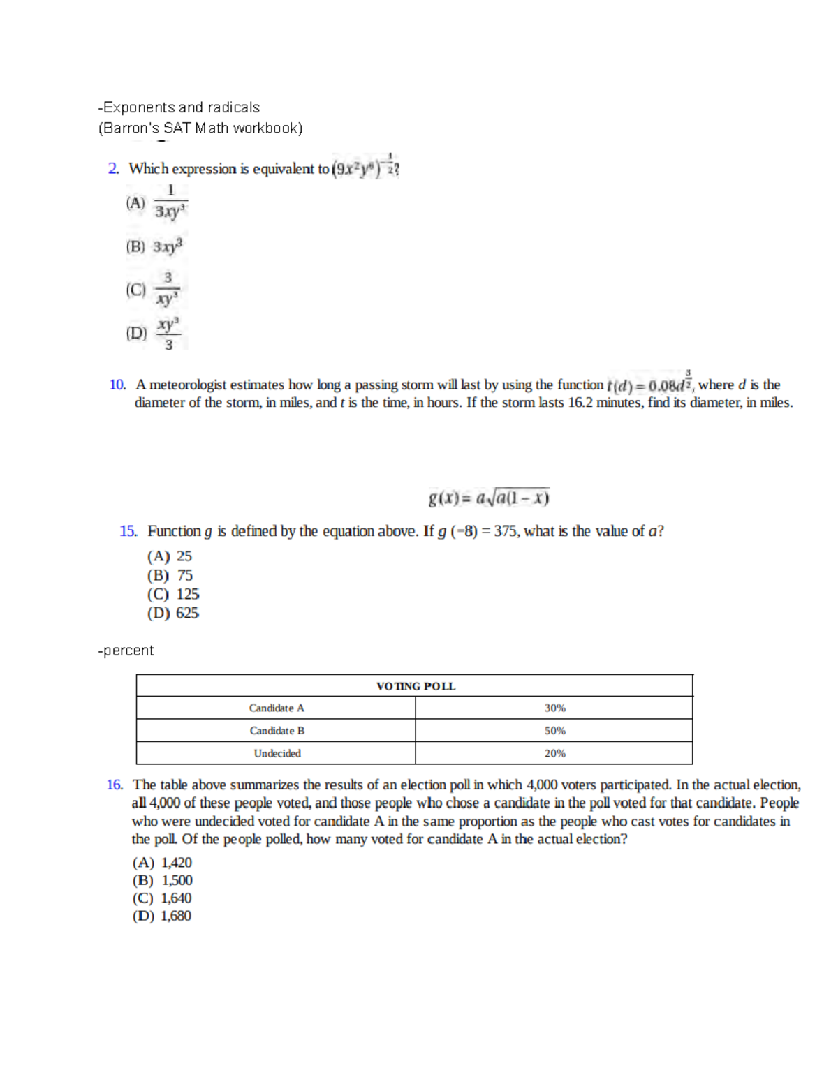 Math worksheet 1 - practice - MAT 125 -Exponents and radicals (Barron’s ...