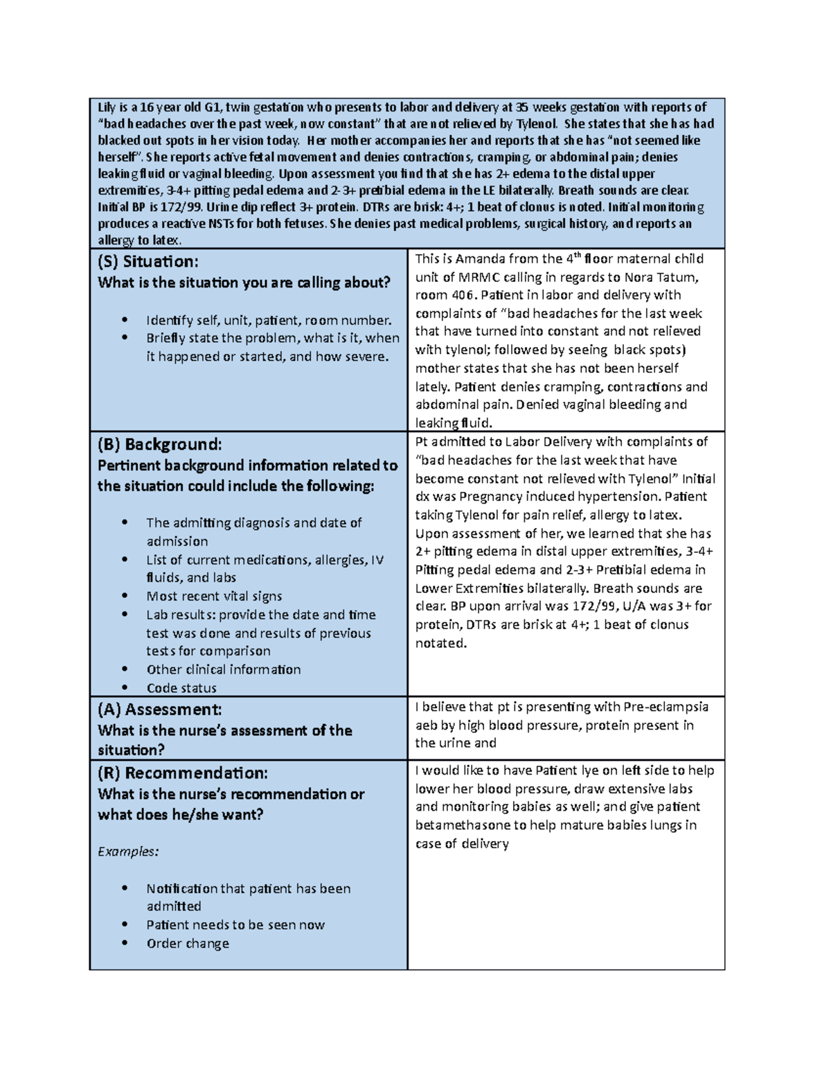 Clinical 3 SBAR Worksheet - Lily is a 16 year old G1, twin gestation ...
