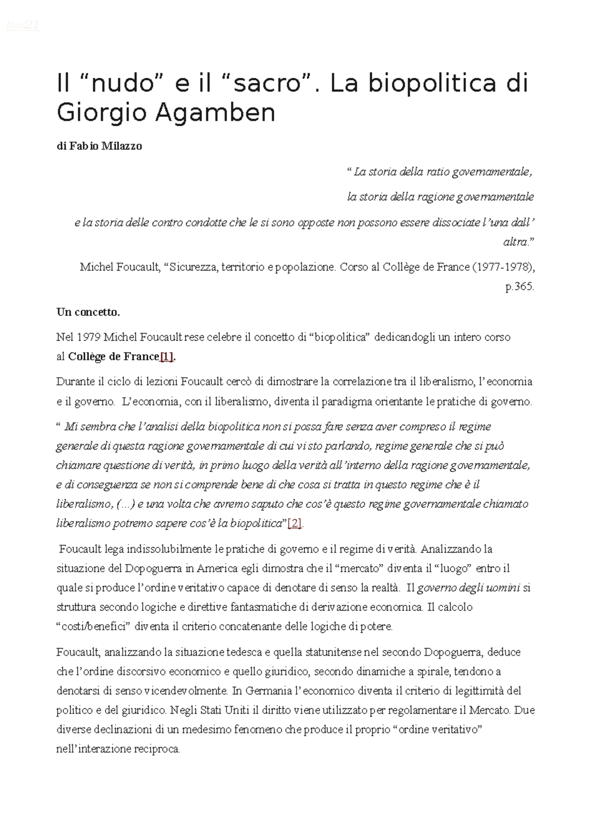 Biopolitica Agamben Foucault - Nov 21 Il e il La biopolitica di Giorgio ...