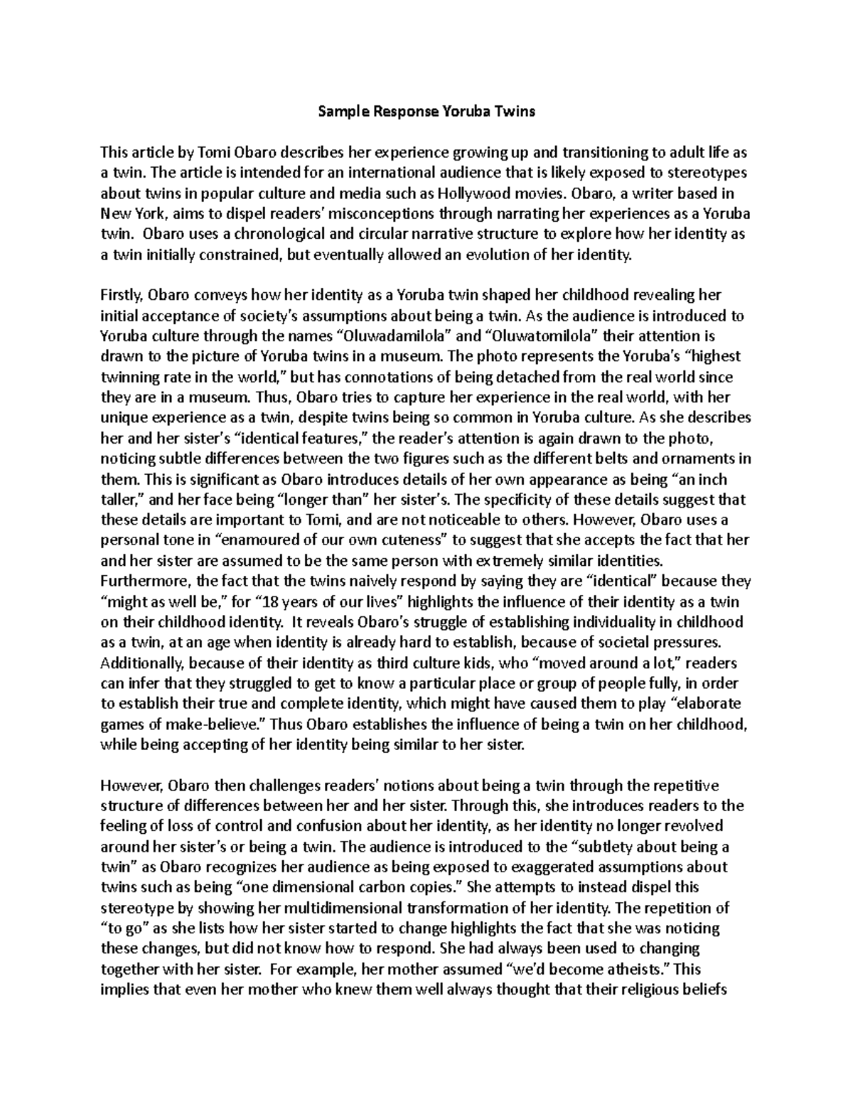 P1 Yoruba Twins Sample - Sample Response Yoruba Twins This article by Tomi Obaro describes her ...