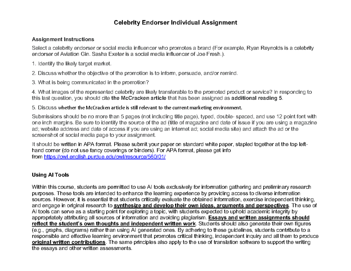 Celebrity Endorser Assignment Instruction and Rubric - Celebrity ...