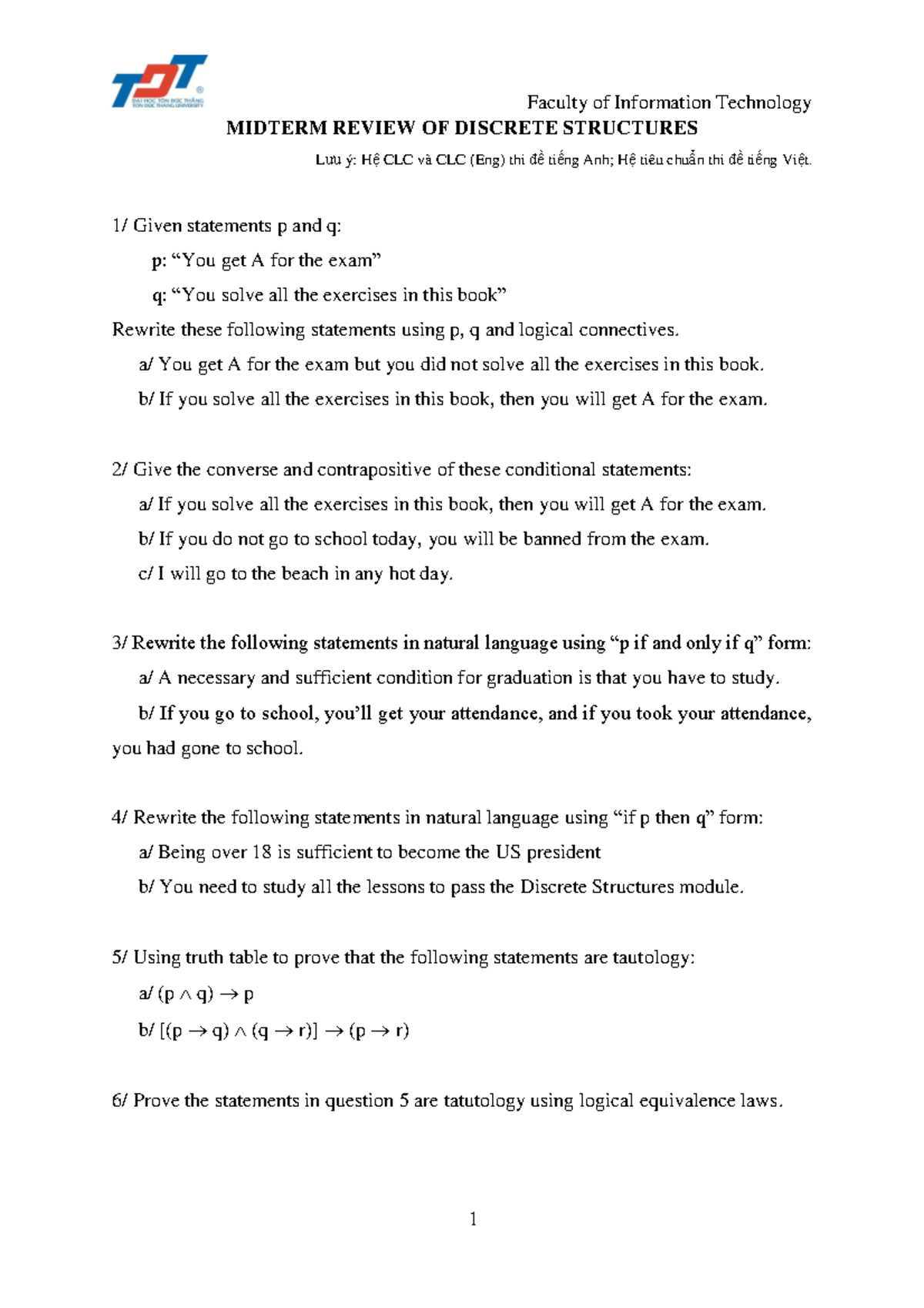 Midterm Review - Faculty of Information Technology 1 MIDTERM REVIEW OF ...