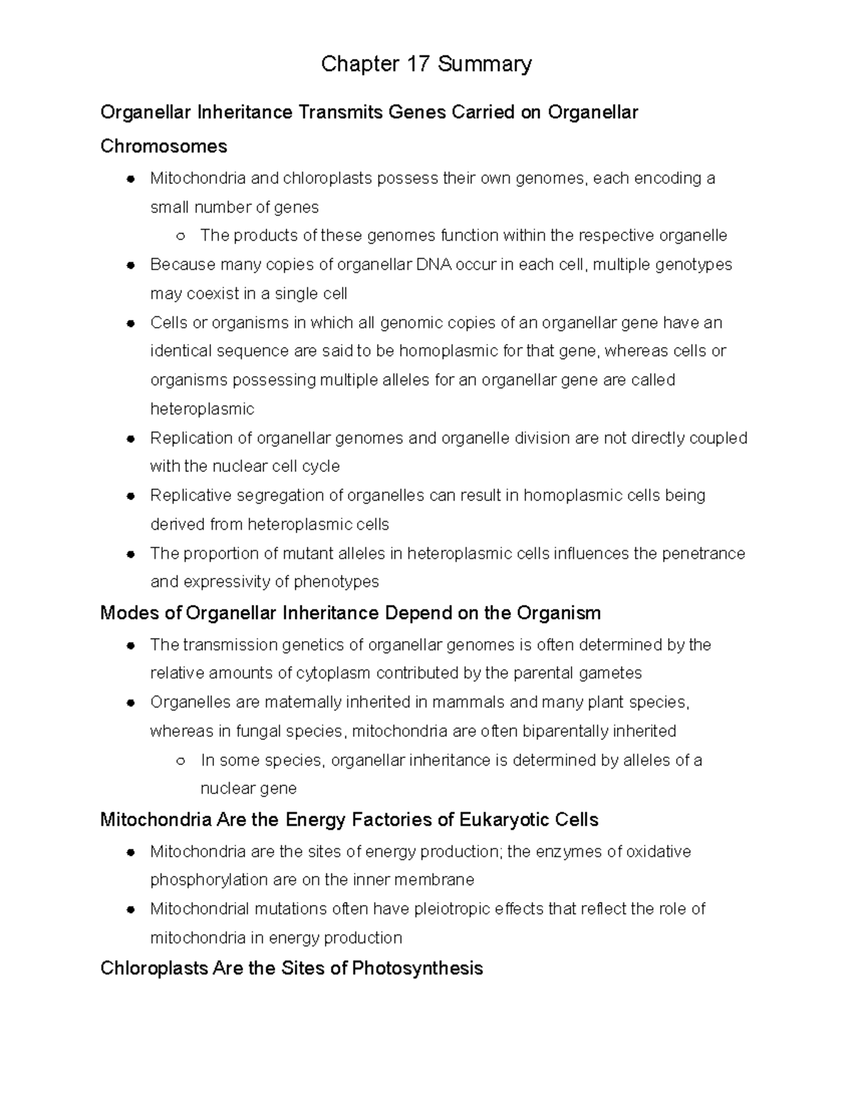 Chapter 17 Summary - Chapter 17 Summary Organellar Inheritance ...