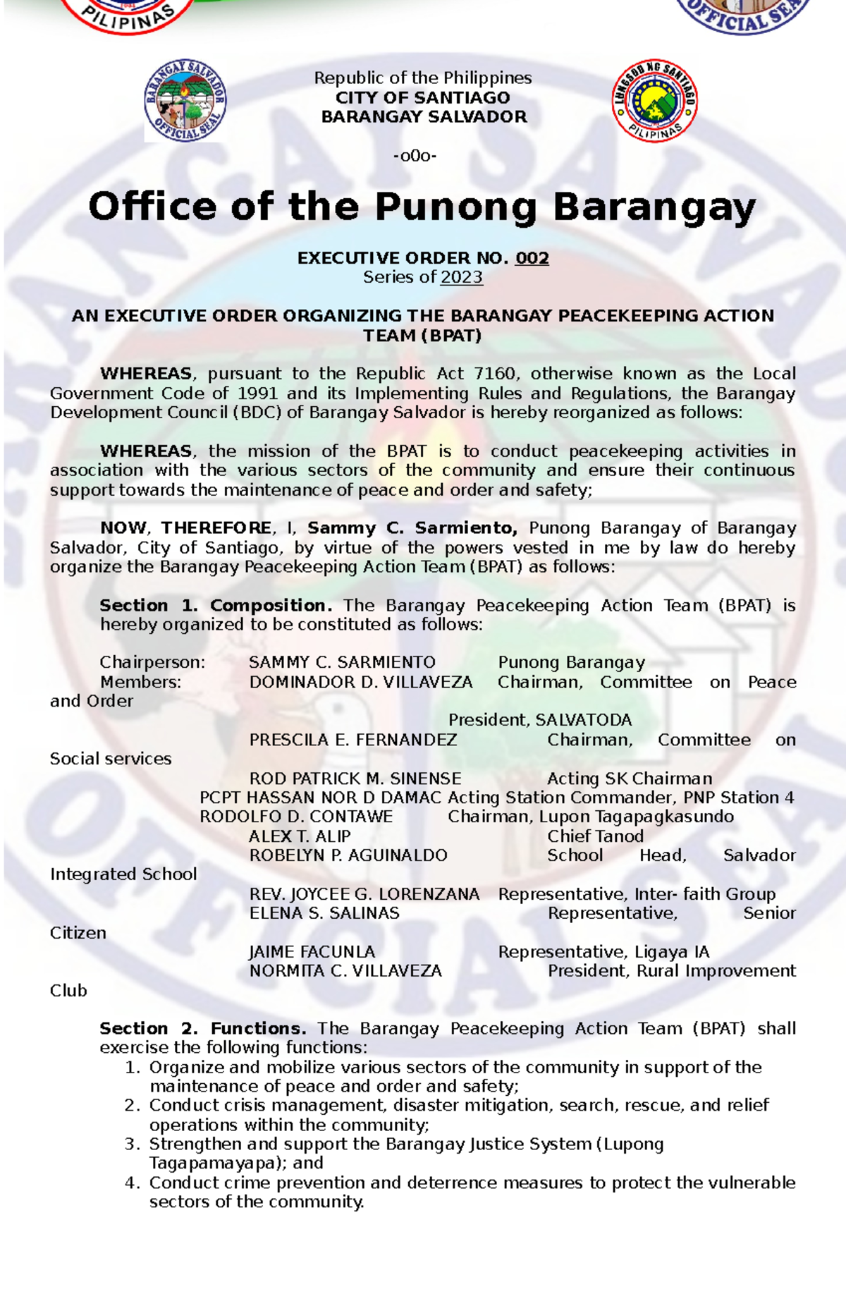 Executive Order No. 002 s. 2023 Organizing THE BPAT - Republic of the ...