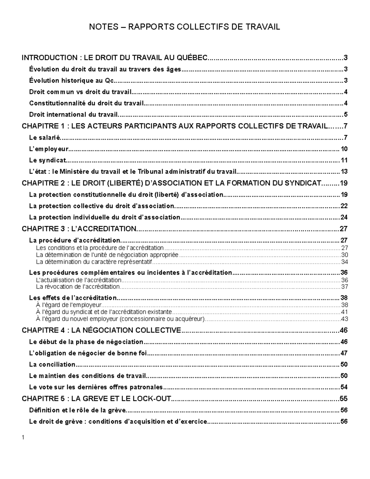 Notes de cours DRT3603 - NOTES – RAPPORTS COLLECTIFS DE TRAVAIL ...