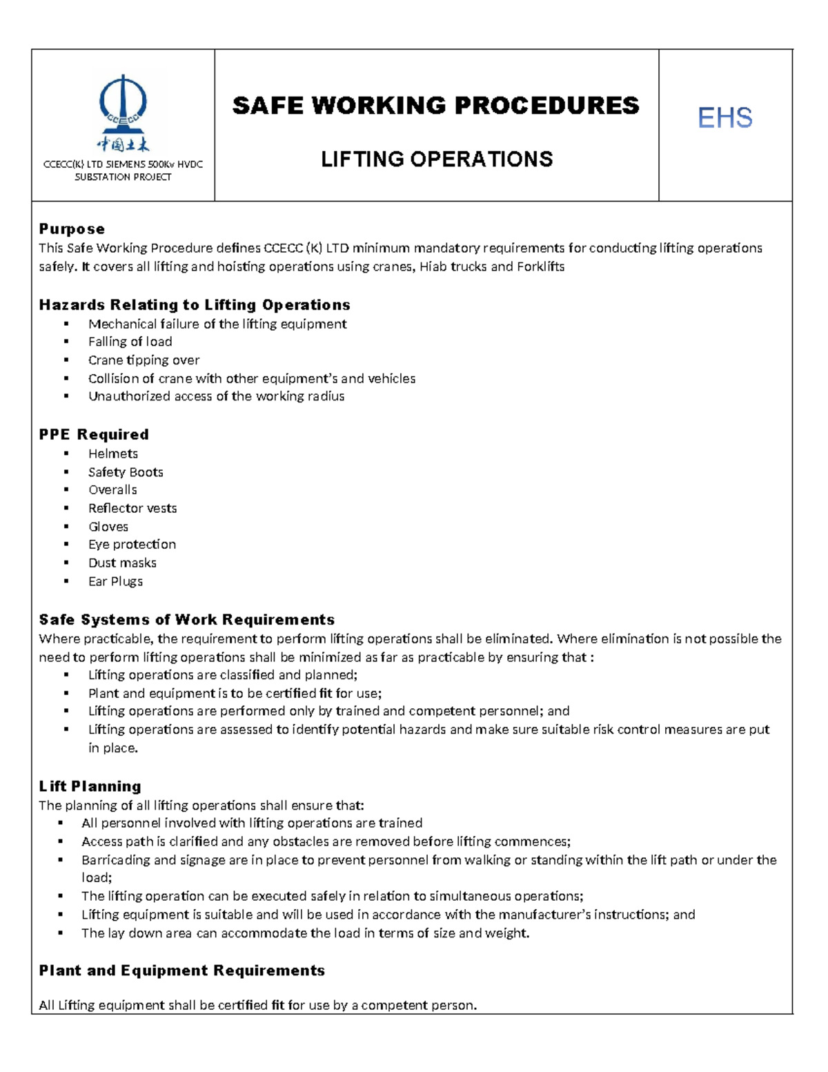 SAFE Working Procedures -Lifting Operations - CCECC(K) LTD SIEMENS ...