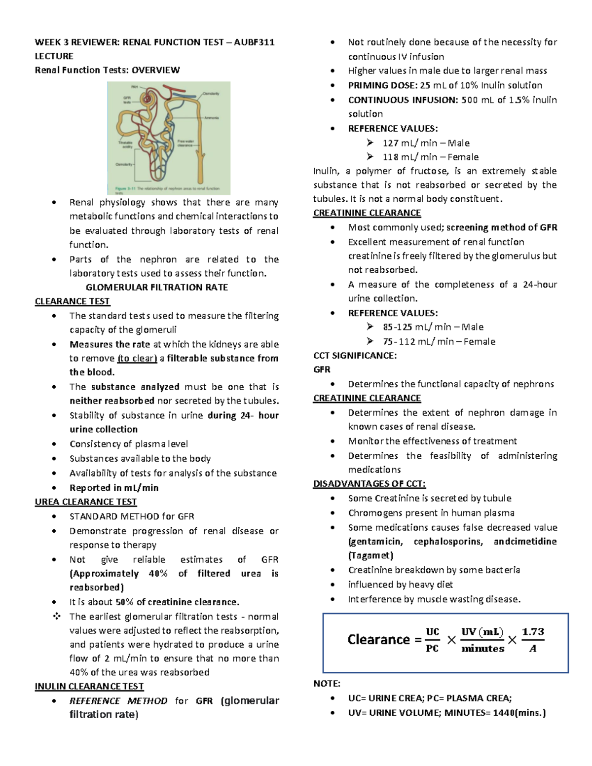 WEEK 3 Reviewer - Renal Function TEST - WEEK 3 REVIEWER: RENAL FUNCTION ...