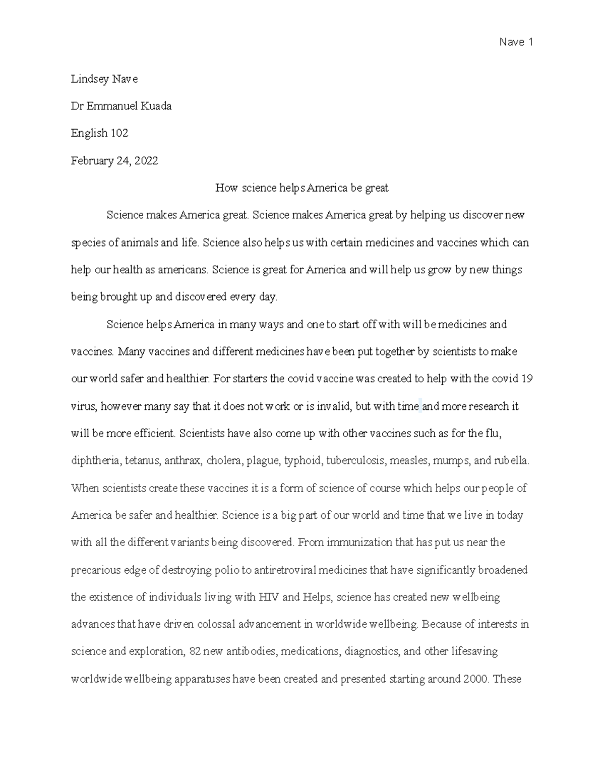 English paper due 3:3 - Lindsey Nave Dr Emmanuel Kuada English 102 ...