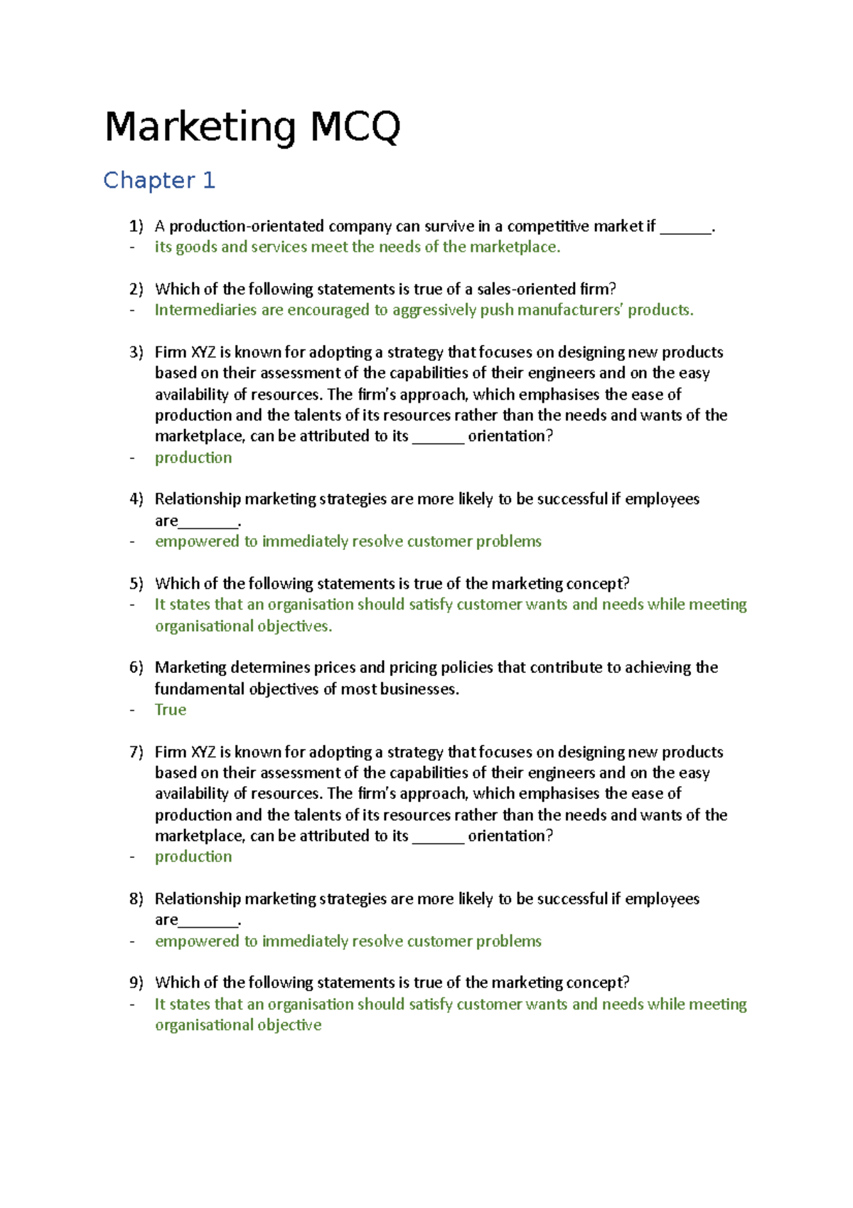 MCQ - Questions and Answers - Marketing MCQ Chapter 1 A production ...