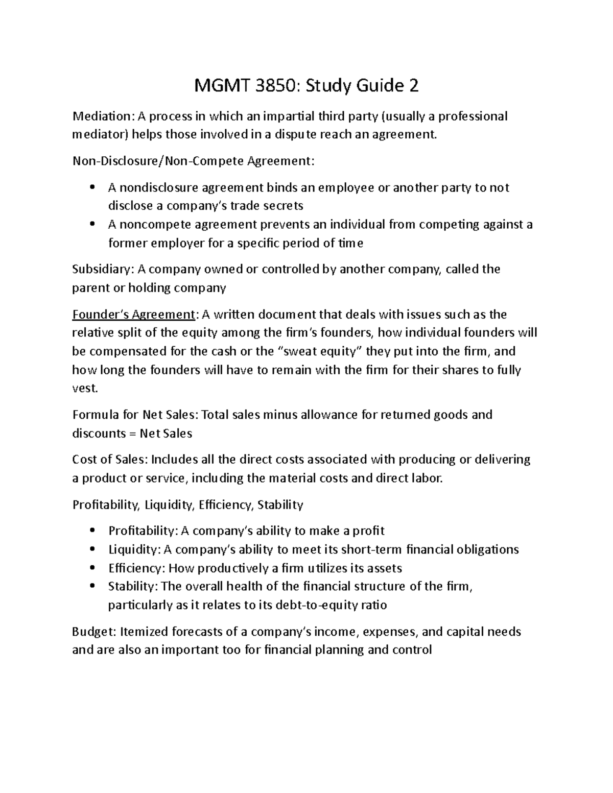 MGMT 3850 Study Guide 2 - MGMT 3850: Study Guide 2 Mediation: A process ...