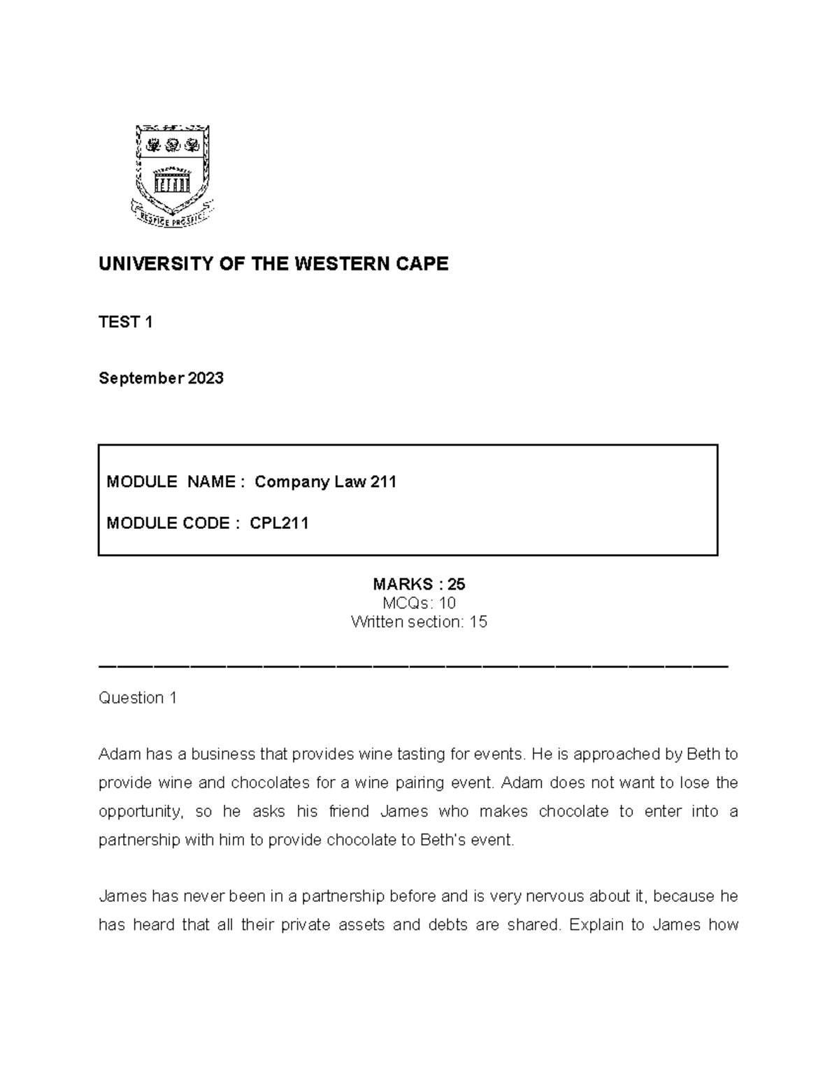Company Law 211 Tutorial 1 - UNIVERSITY OF THE WESTERN CAPE TEST 1 ...