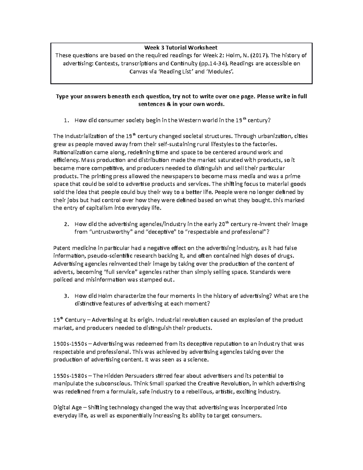 Comms 104 G Worksheet for Week 3 tutorial - Week 3 Tutorial Worksheet These questions are based ...
