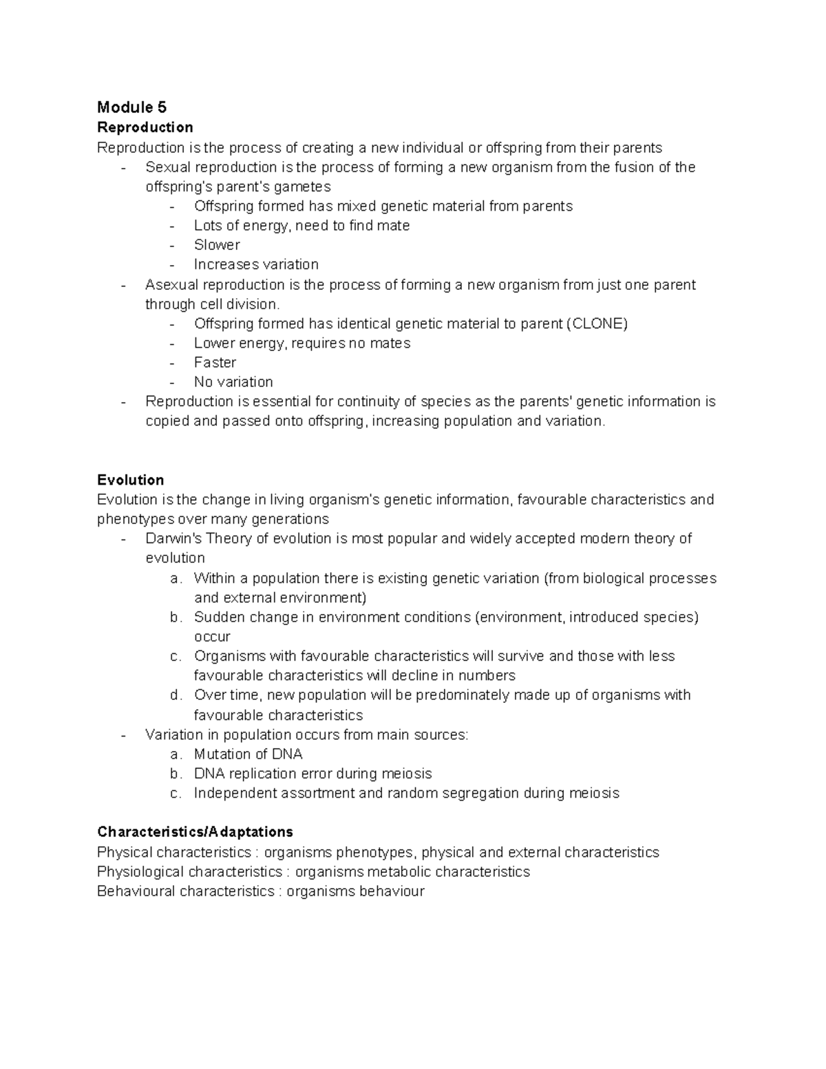 Biology notes - vsdfsdf - Module 5 Reproduction Reproduction is the ...
