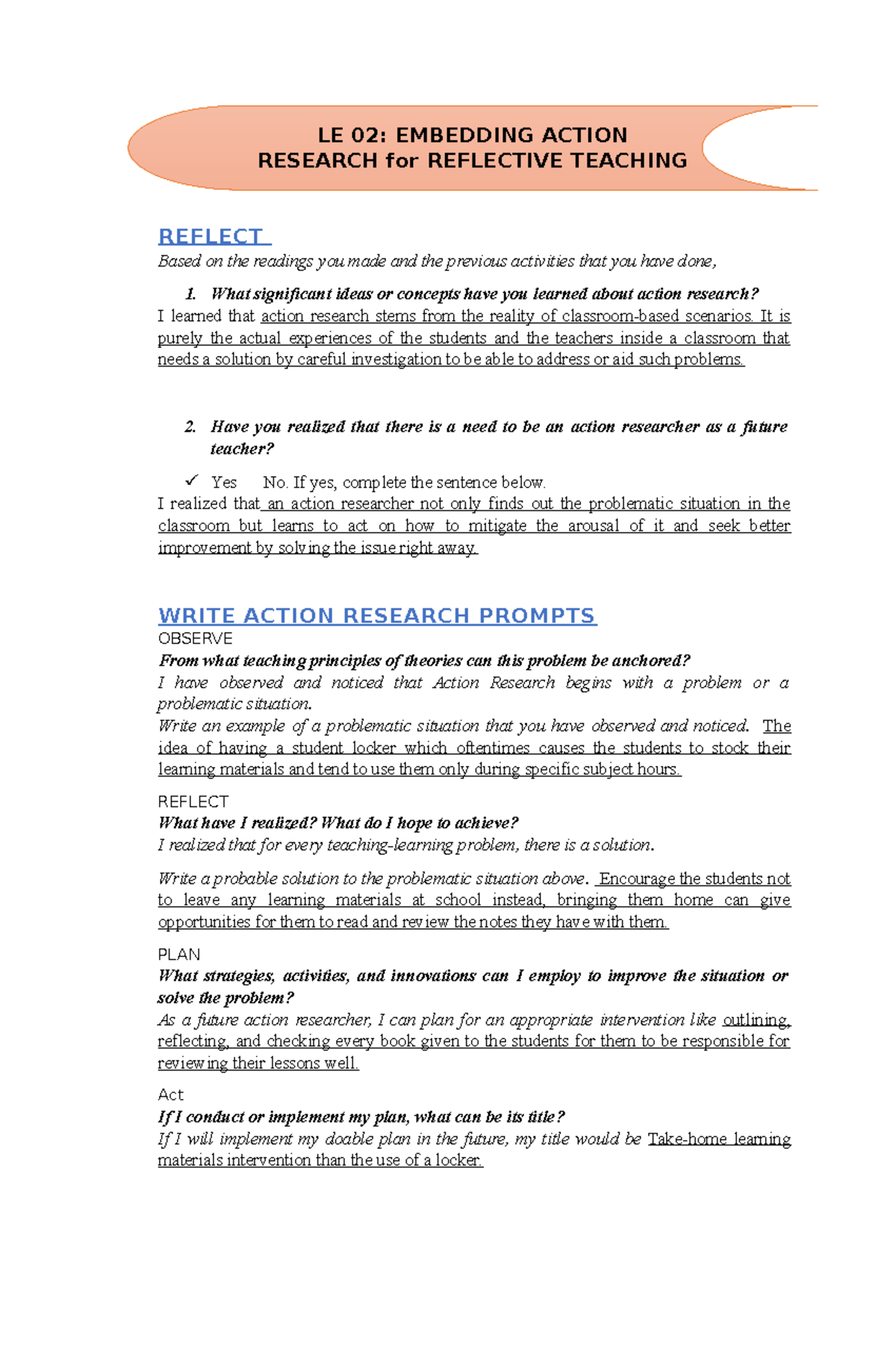 FS2-LE2 - Field Study 2 - REFLECT Based on the readings you made and ...