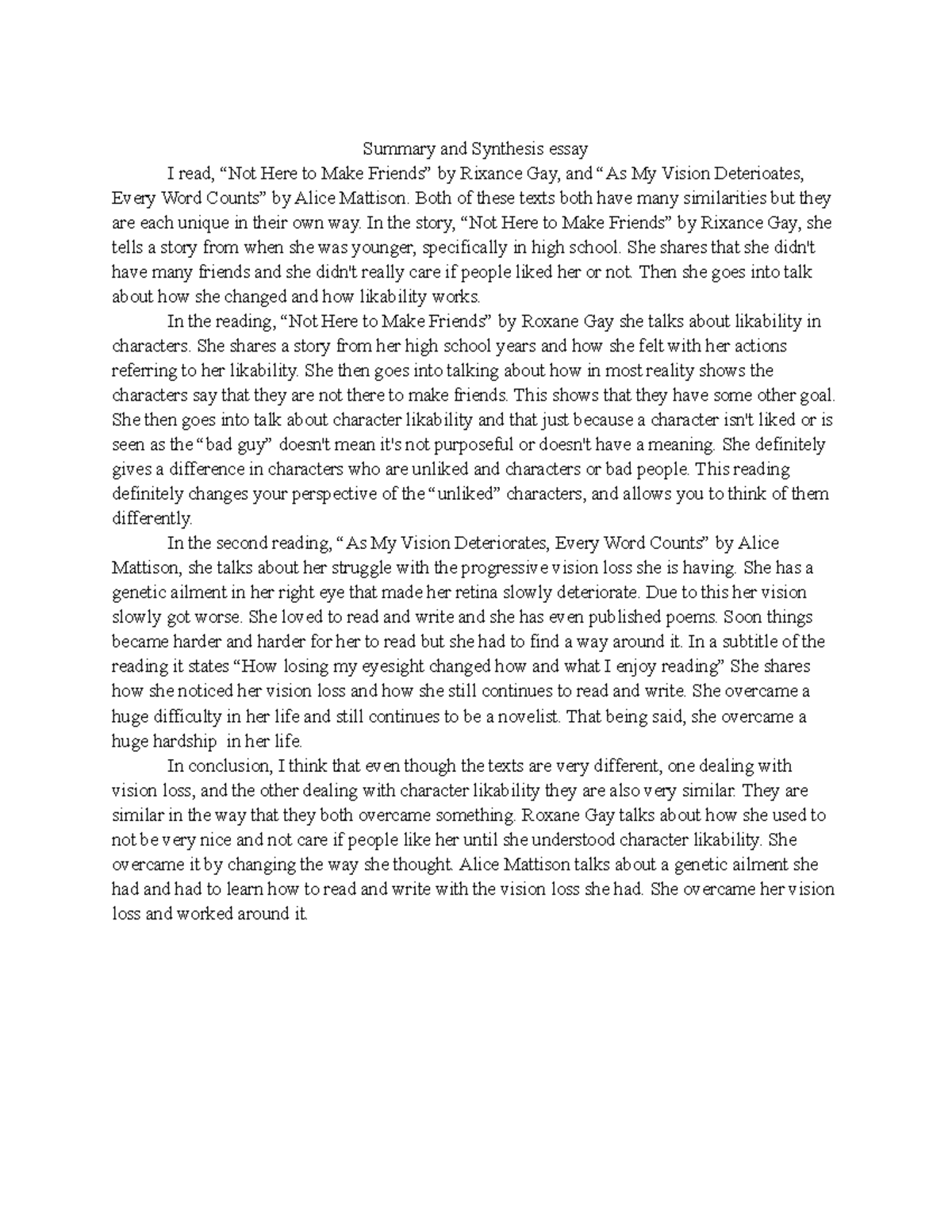 Summary and Synthesis First Draft - Summary and Synthesis essay I read,