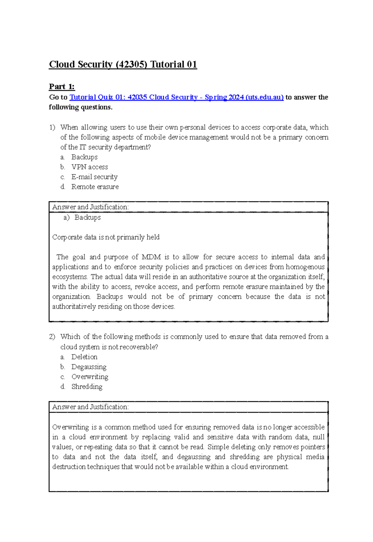 Tutorial 01-1 - week 1 lab - Cloud Security (42305) Tutorial 01 Part 1: Go to Tutorial Quiz 01 ...