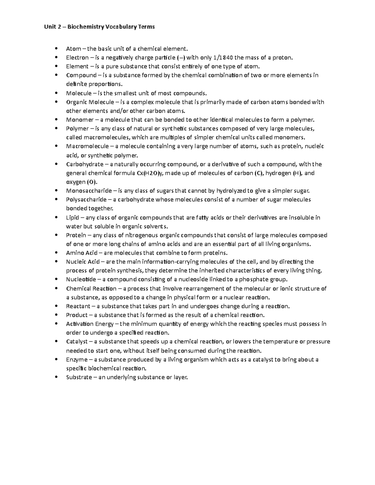 Unit 2 Vocabulary Terms - Unit 2 – Biochemistry Vocabulary Terms Atom ...