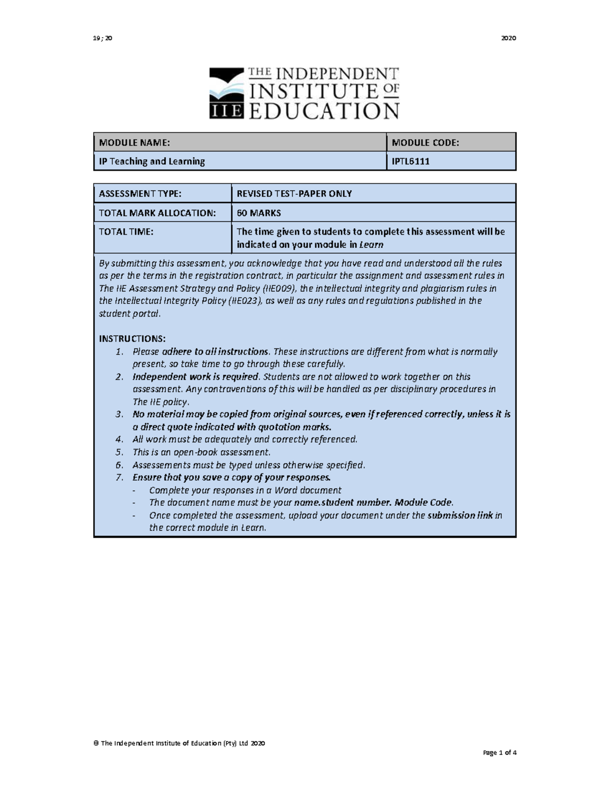 Take-Home Test 1 - Take-Home Test 2020 - © The Independent Institute of ...