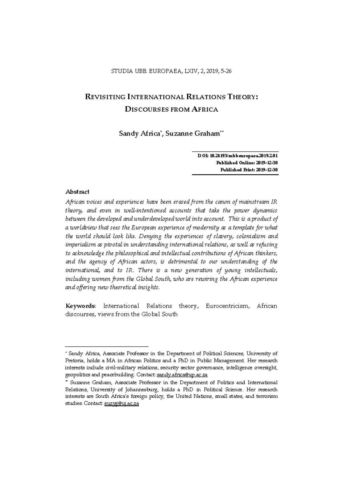 Africa Revisiting 2019 - STUDIA UBB. EUROPAEA, LXIV, 2, 2019, 5 ‐ 26 ...