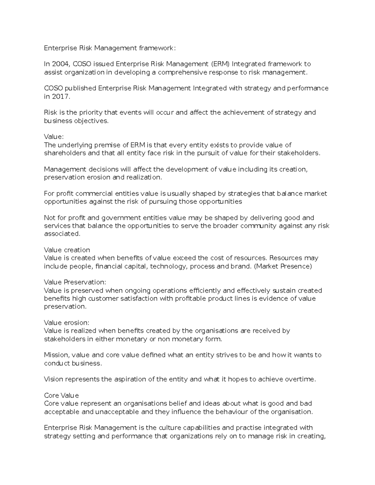 Enterprise Risk Management framework - COSO published Enterprise Risk ...