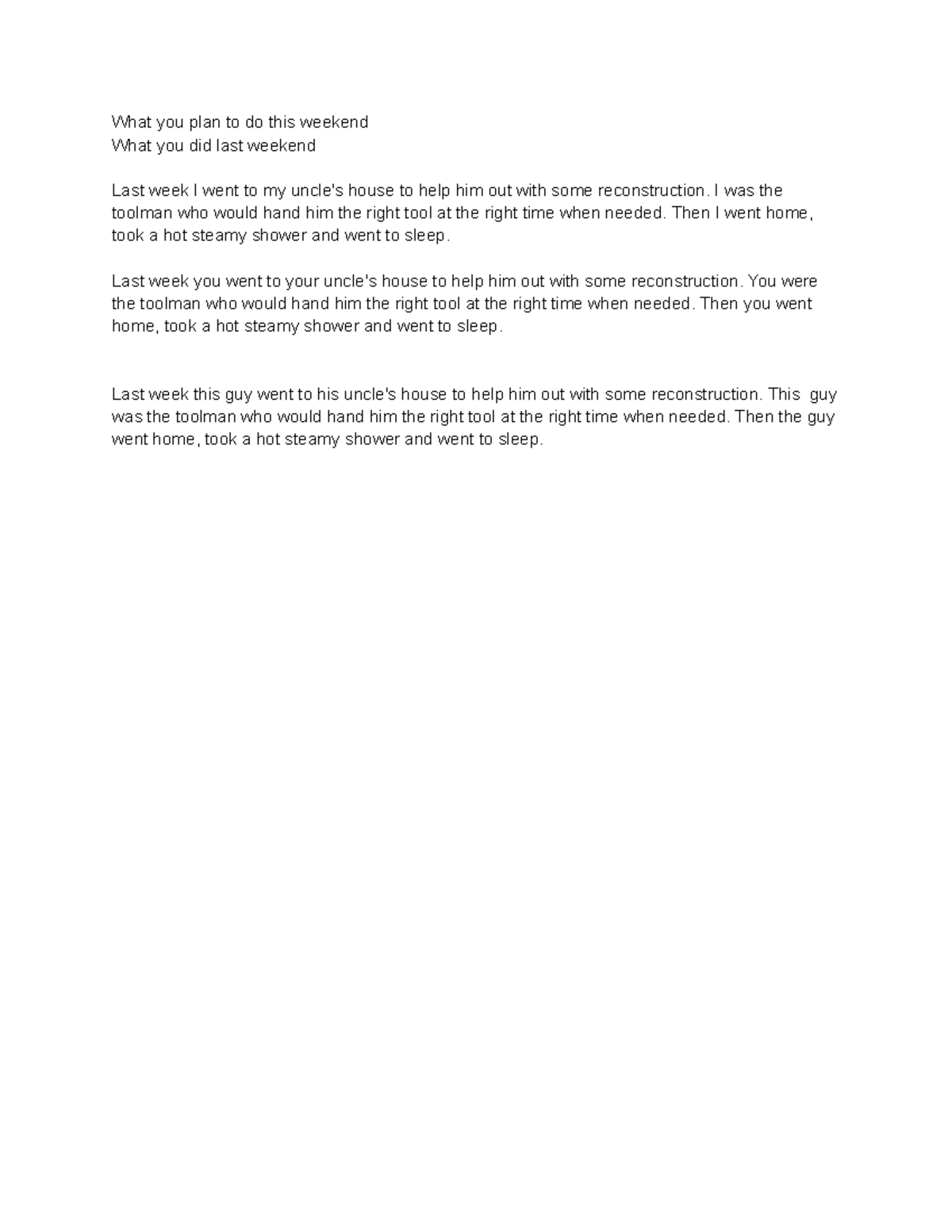 Point of view assignment - What you plan to do this weekend What you ...