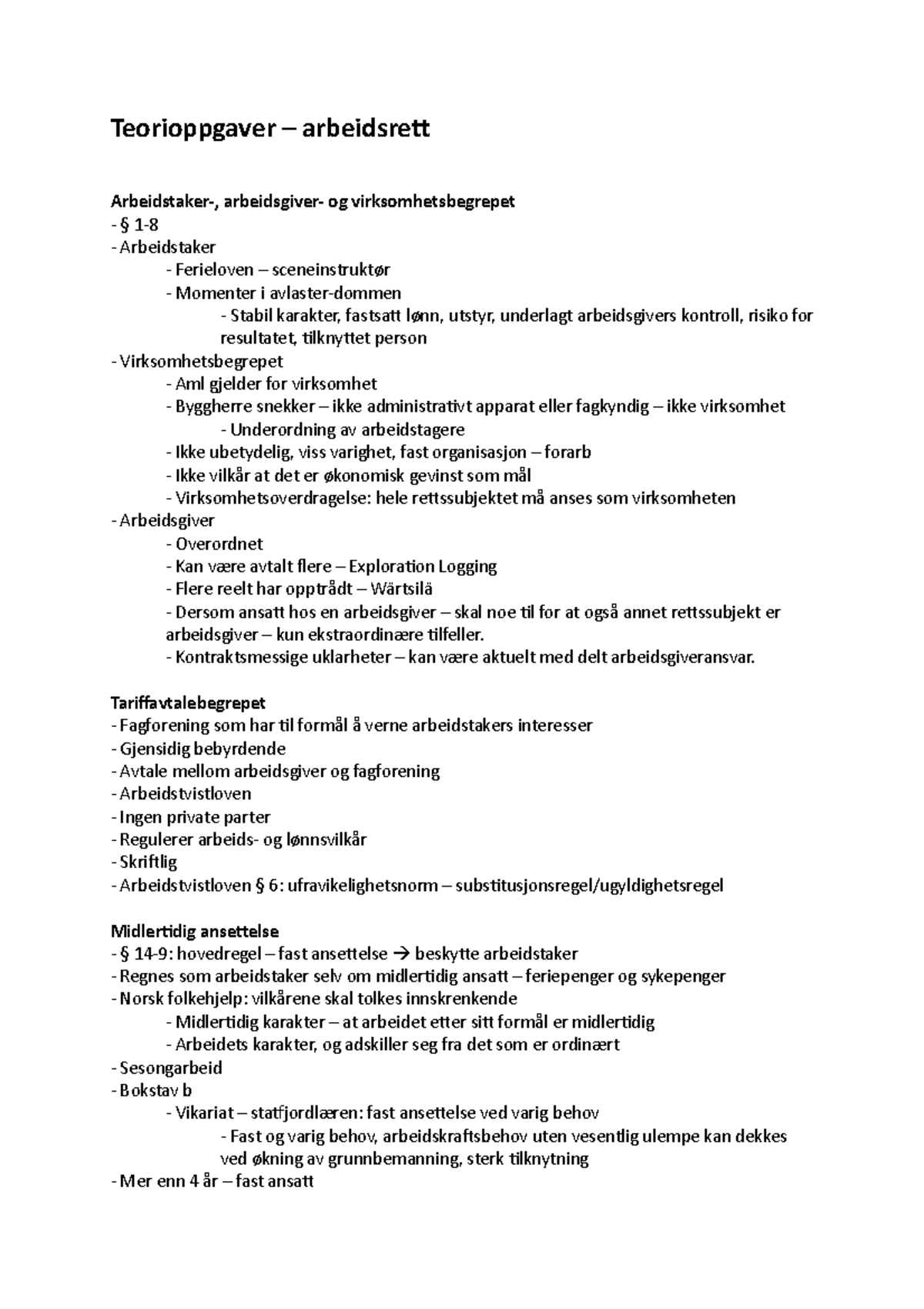 Teorioppgaver – arbeidsrett - Teorioppgaver – arbeidsrett Arbeidstaker ...