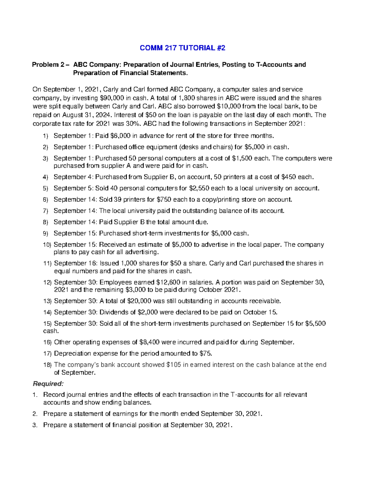 COMM 217 - Tutorial 2 - chapter 3 - COMM 217 TUTORIAL Problem 2 – ABC ... COMM 217 - Tutorial 2 - chapter 3 - COMM 217 TUTORIAL Problem 2 – ABC ...